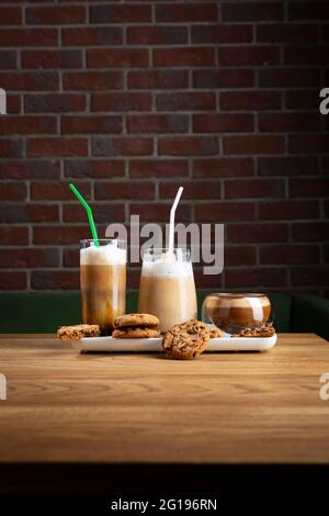 Set of delicious beverages on table Stock Photo - Alamy