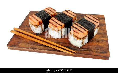 Spam musubi with grilled pork luncheon meat and sushi rice wrapped with ...