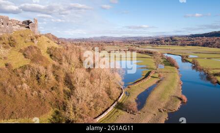 Aerial view of River Towy and Dryslwyn Castle, Carmarthenshire, Wales ...