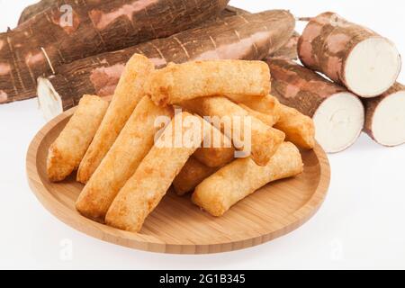 Tasty fried cassava sticks; photo on white background Stock Photo - Alamy