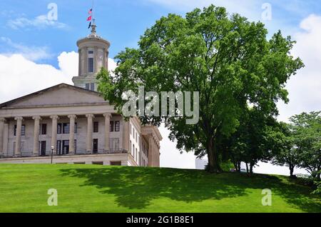 Tennessee State Capitol building, built between 1845 and 1859 in Greek revival style with statue ...