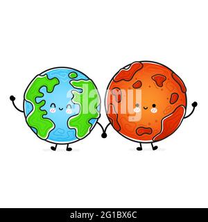 Cute funny happy Mars and Earth planet. Rocket, space ship flying ...