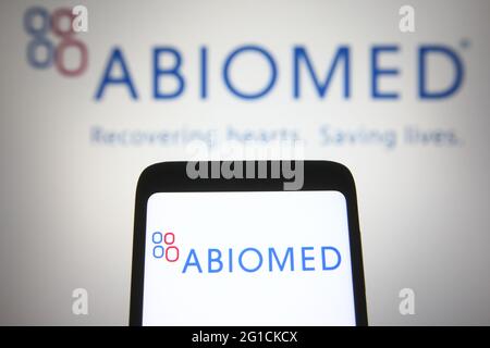 In this photo illustration a Abiomed logo seen displayed on a ...