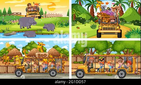 Four different zoo scenes with kids and animals illustration Stock ...
