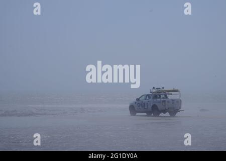 RNLI truck in sea mist Stock Photo - Alamy