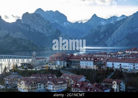 New Riaño village and dam in the Cantabrian Mountains, Leon, Spain ...