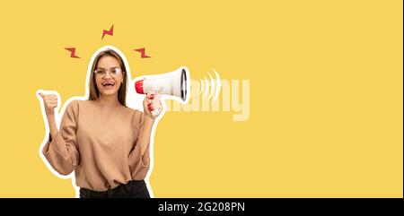 Shocked young woman with megaphone on white background Stock Photo - Alamy
