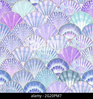 Watercolor sea shell japanese waves seamless pattern. Hand drawn ...