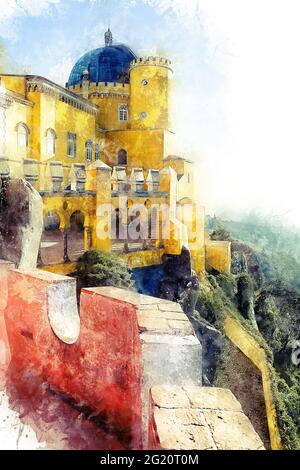 Watercolor drawing, illustration. Pena National Palace in Sintra ...
