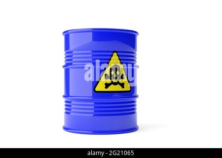 Single blue metal barrel with yellow hazardous or toxic skull and bones ...