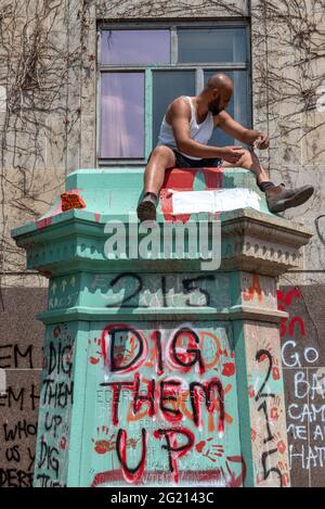 Egerton Ryerson statue toppled in protest, Toronto, Canada-June 7, 2021 ...