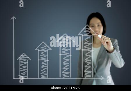 Business woman pen pointing turnover with graph chart report on laptop ...