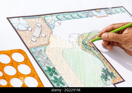 Landscape architect design L shape garden plan Stock Photo - Alamy