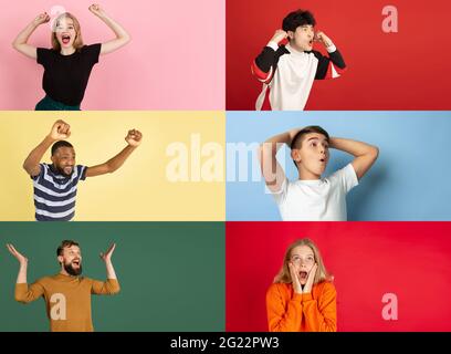 Positive emotions set. Collage of multiracial millennials portraits on ...