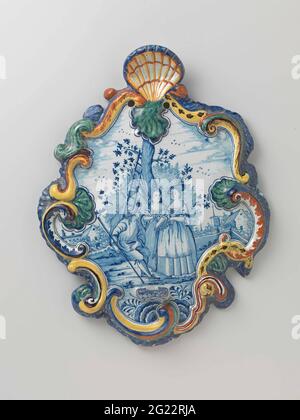 Plate, cartouch-shaped, with a landscape with three figures and a tree ...