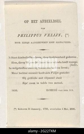 Text sheet at portrait of Philippus Velijn, Christianus Petrus Eliza Robidé van der Aa, 1836 ...