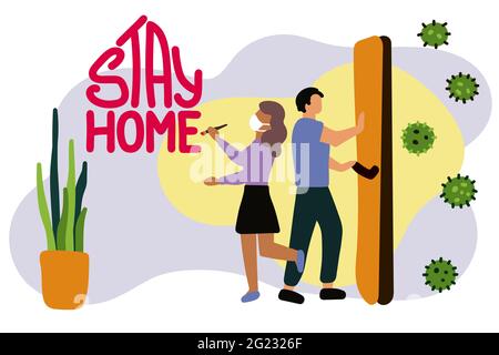 stay home concept, cartoon man inside the house over white background ...
