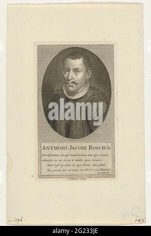 Portrait of Anthoni Jacobi Roscius. Portrait bust in oval to the left ...