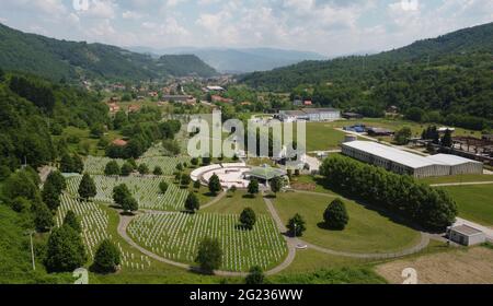 An aerial view of the Srebrenica-Potocari Genocide Memorial Center in Bosnia and Herzegovina, on ...