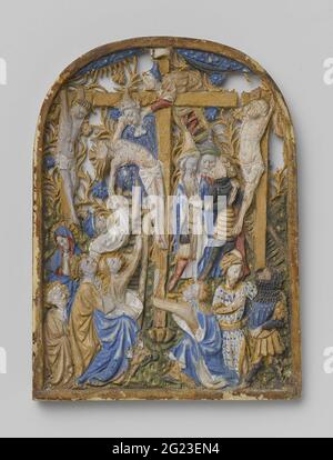 Landscape with Christ on the cross flanked by Mary and John. On the ...