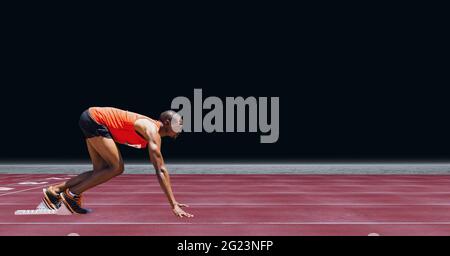 Composition of african american male runner over sports field Stock ...