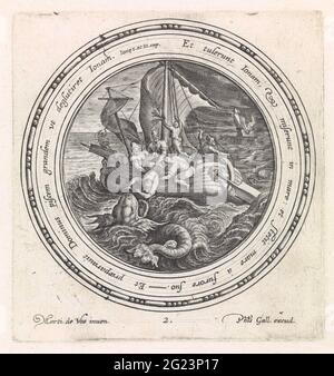 Jonah is thrown overboard by the sailors; History of Jonah. The ship on ...
