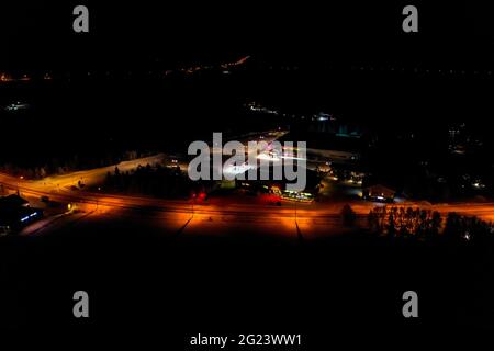 Aerial view around Jounin kauppa market, winter blizzard, in ...