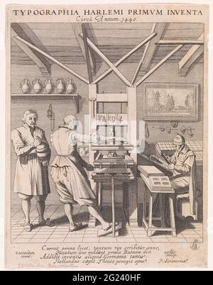 Figures at a printing press, Typographia Harlemi primum inventa cira ...