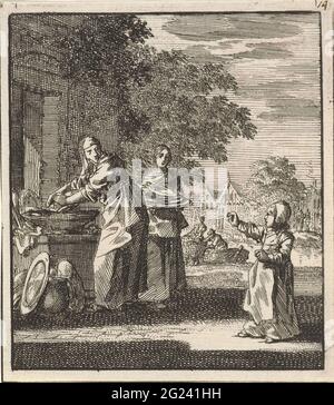 Child raises her mother who is washing dishes; The child crying Stock ...