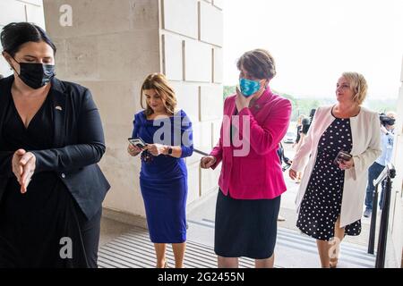 (left - right) DUP MLA Pam Cameron, Deputy First Minister Emma Little-Pengelly, IFA President ...