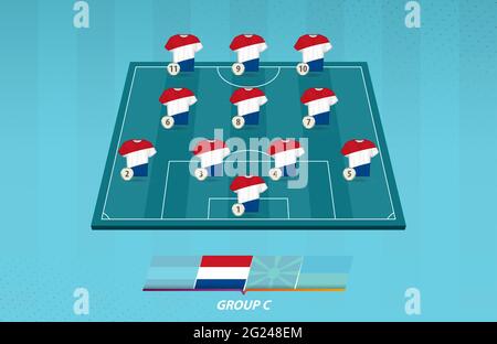 Football field with Netherlands team lineup for European competition ...