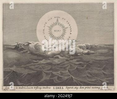 Creation of the world. God floats in the air and gives shape to the ...