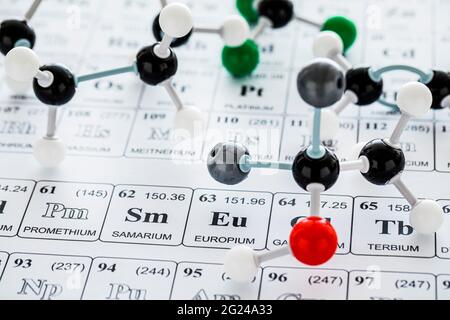 Molecular model on periodic table of chemical elements, above view ...