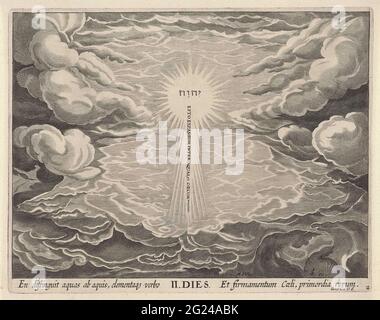 Creation of the world. God floats in the air and gives shape to the ...