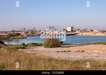 Looking across CEMEX Denge Quarry gravel pit at Dungeness, Kent ...