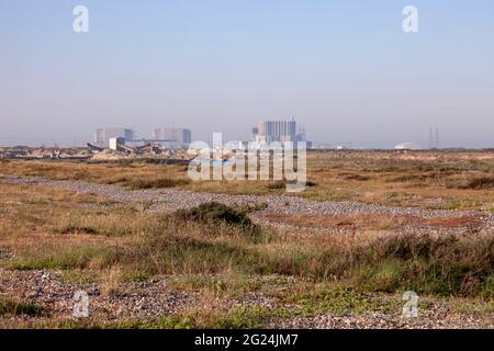 Looking across CEMEX Denge Quarry gravel pit at Dungeness, Kent ...