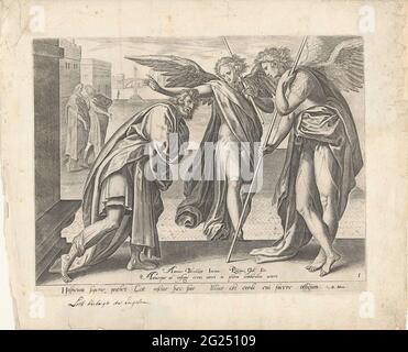 . Lot at the city gate of Sodom, in conversation with two angels. He invites them to eat and ...