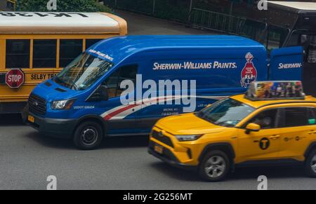 A Sherwin-Williams truck makes a delivery in Chelsea in New York on ...