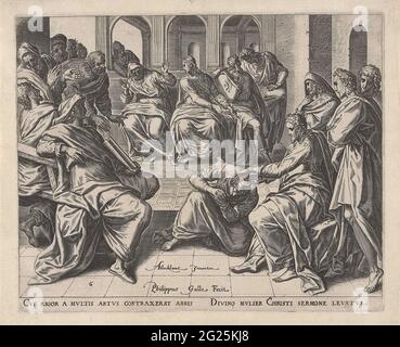 In the synagogue Christ heals a curved woman, Jan Luyken, 1712 print ...