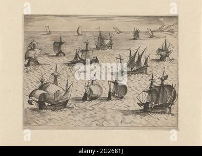 Galei and other ships in a sea storm, Wenceslaus Hollar, 1665 print ...