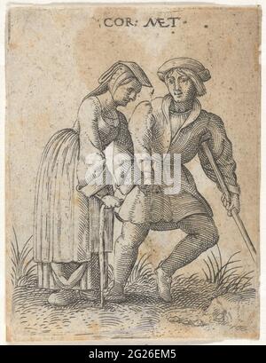 Lame couple dressed as citizens; Dancing moals. A man with a beret on ...