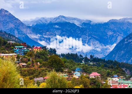 Kalpa and Kinnaur Kailash mountain aerial panoramic view. Kalpa is a ...