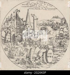 Bacchus seated on a barrel in front of grapevines, with bacchantes ...