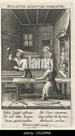 Holy Family. The holy family in the workplace of Joseph with an old ...