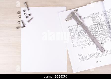 Construction plans vernier caliper on blueprint horizontal version ...