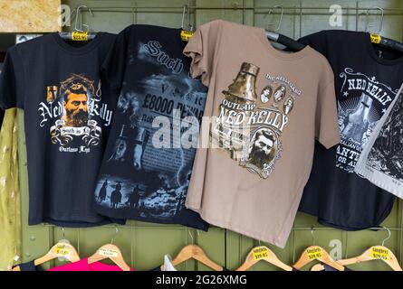 Souvenir Ned Kelly t-shirts on sale in Glenrowan, Victoria Stock Photo ...