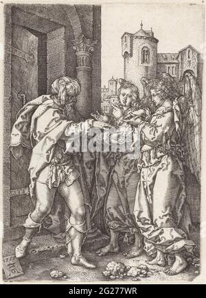 . Lot welcomes the two angels in the gate of Sodom by kneeling and ...