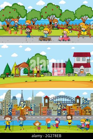Set of different horizon scenes background with doodle kids cartoon ...