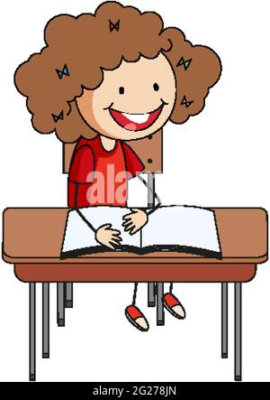 A girl doing homework doodle cartoon character illustration Stock ...
