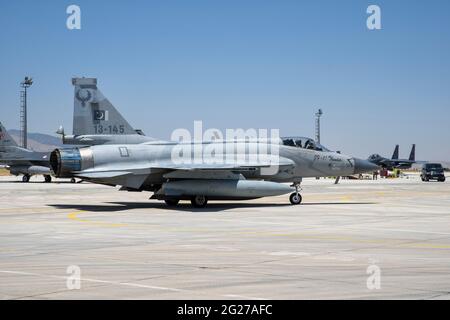 A Pakistan Air Force JF-17 Flying Thunder fully loaded with fuel tanks ...